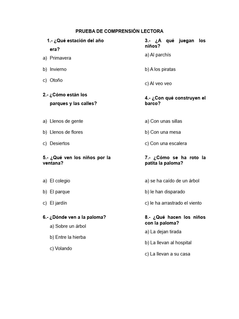 Prueba de Comprensión Lectora Infantil | PDF
