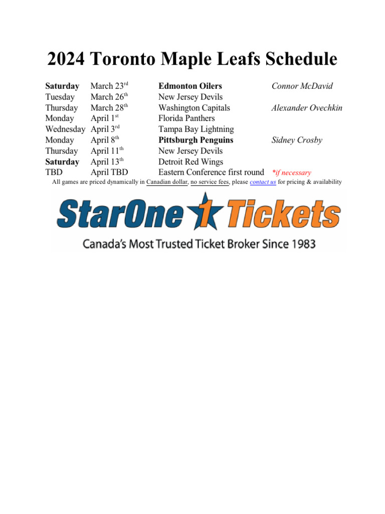 2024 Toronto Maple Leafs Schedule | PDF