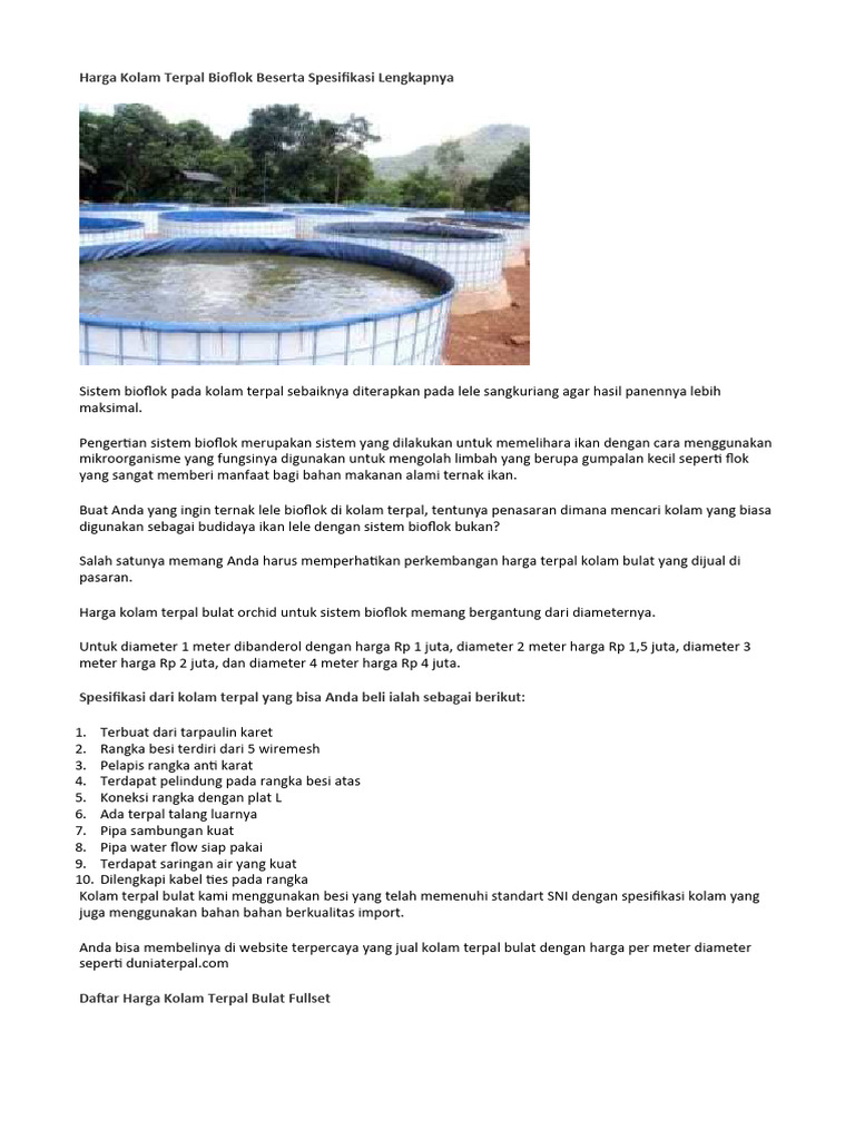 Harga Kolam Terpal Bioflok Beserta Spesifikasi Lengkapnya | PDF