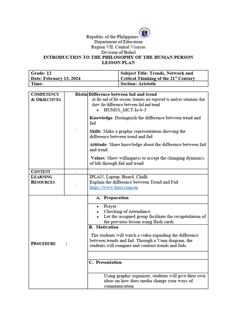 Lesson Plan - Trends 1 | PDF | Lesson Plan | Cognition