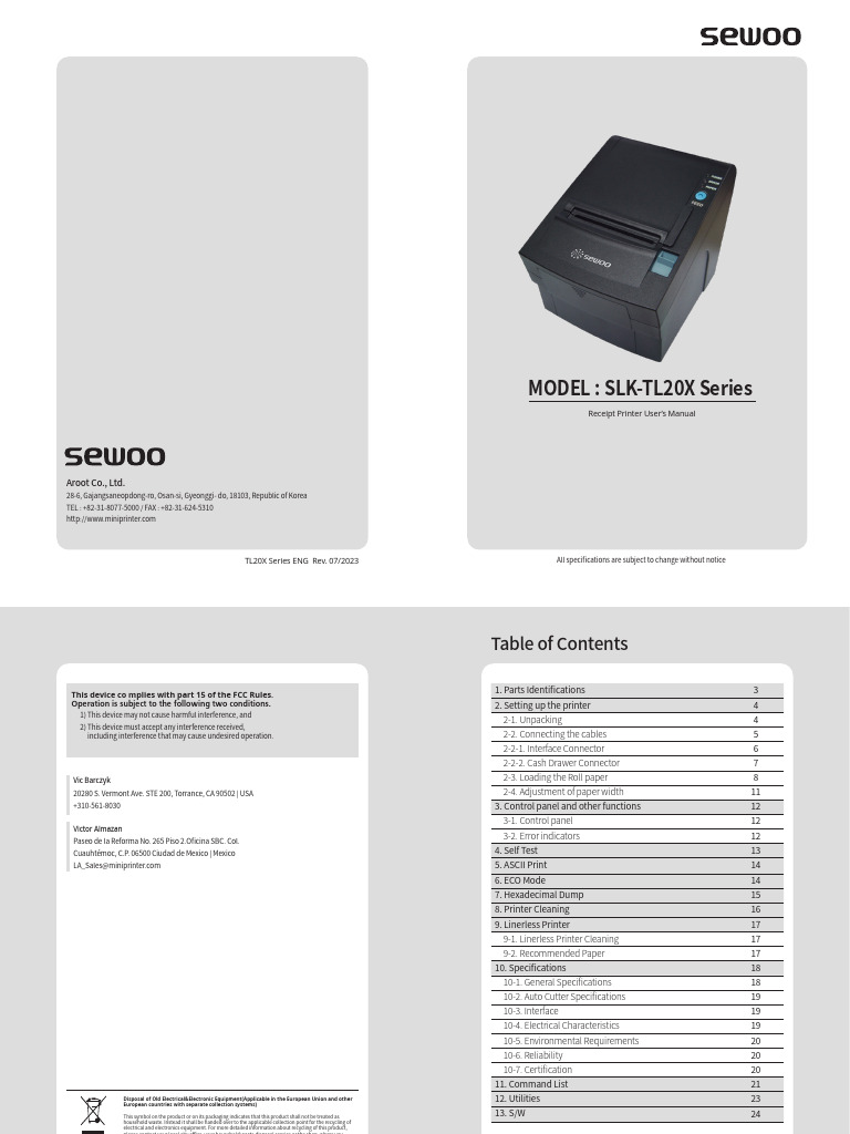 Sewoo Slk-tl20x Series User's Manual Eng - 202307 | PDF | Printer (Computing) | Usb