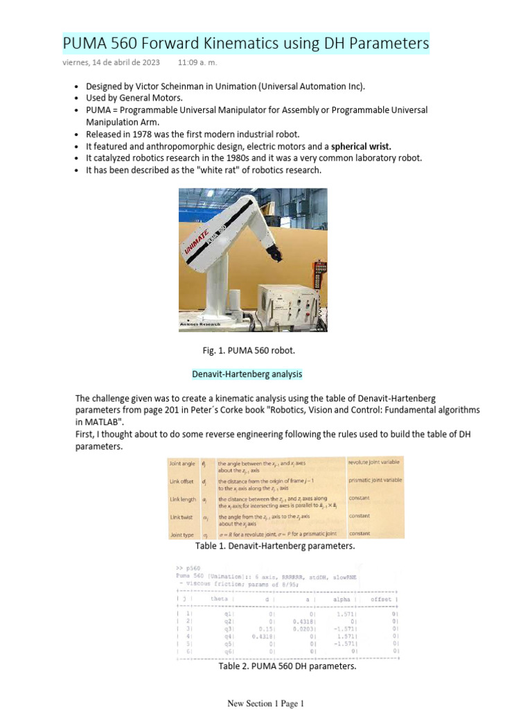 PUMA 560 Forward Kinematics Using DH Parameters | Download Free PDF | Kinematics | Robotics