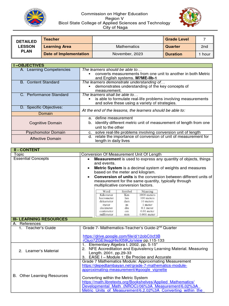 Group 3 Lesson Plan Measurement | PDF | Measurement | Metre