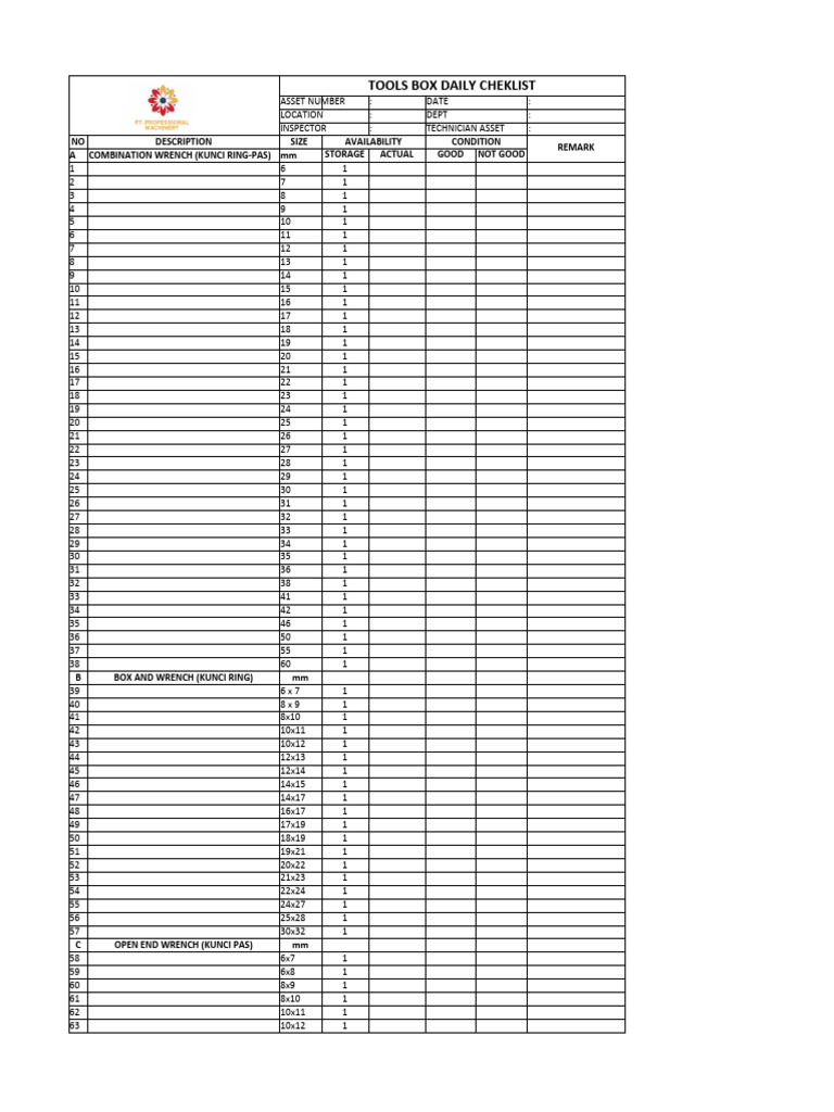 Daily Tools Cheklist | PDF
