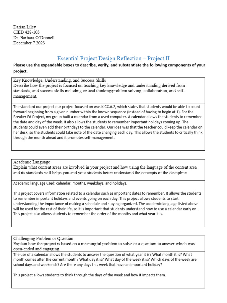 essential project design reflection- project ii 2 | PDF | Knowledge ...