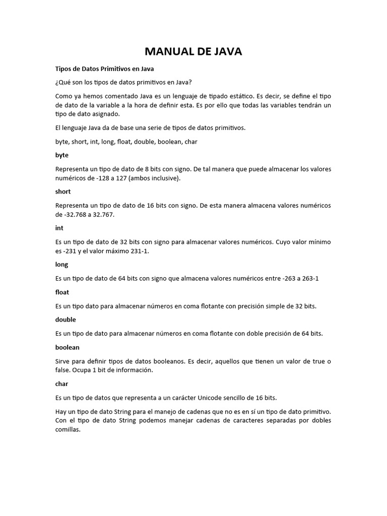 MANUAL DE JAVA | PDF | Tipo de datos | Java (lenguaje de programación)