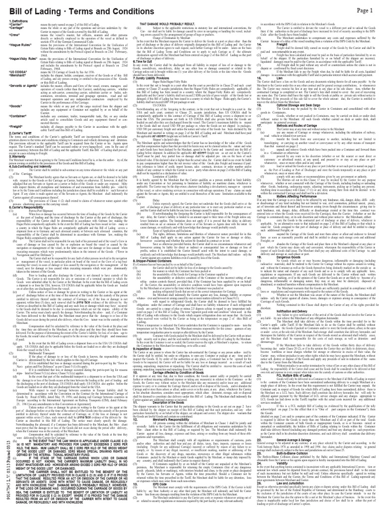 Hapag-Lloyd Bill of Lading Terms | PDF | Bill Of Lading | Cargo