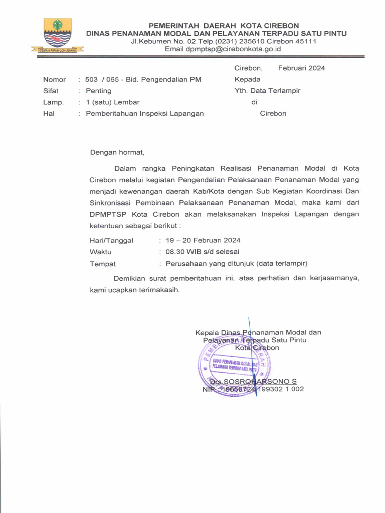 Surat Kunjungan Inspeksi Pengawasan Lapangan - Februari 2024 | PDF Surat Kunjungan Inspeksi Pengawasan Lapangan - Februari 2024 | PDF