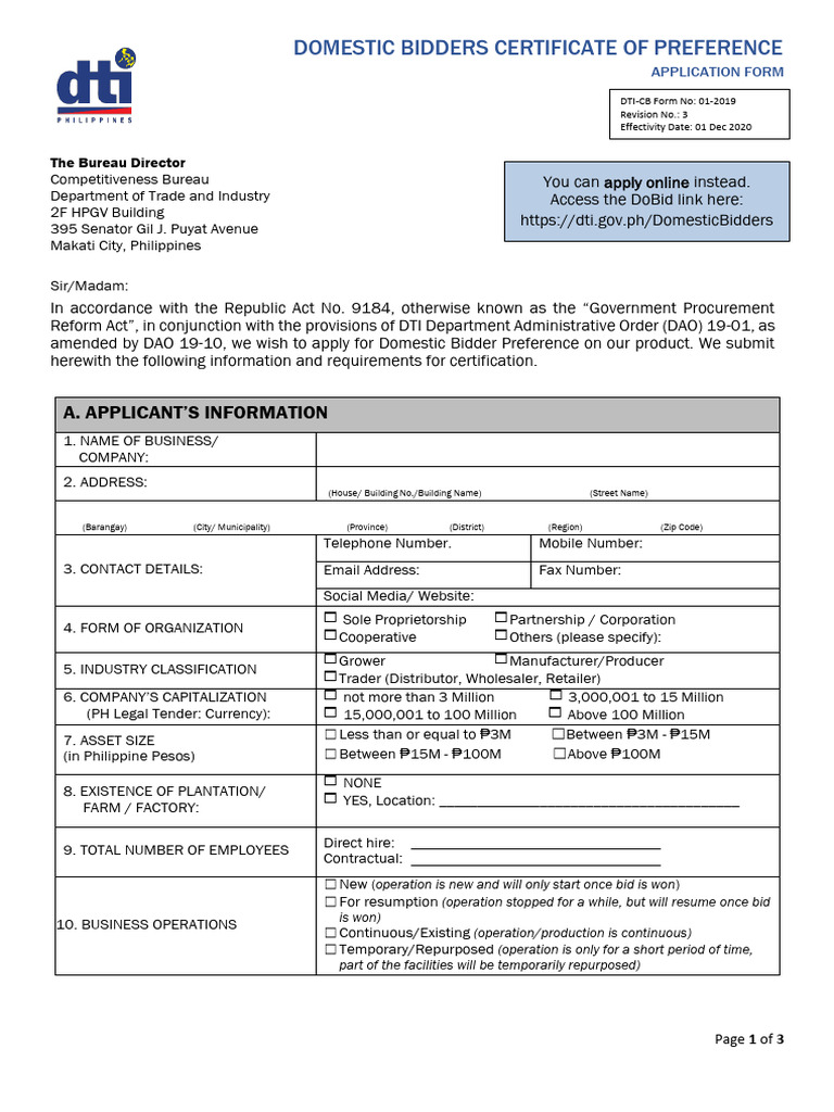 Domestic Bidders Preference Application Form | PDF | Business
