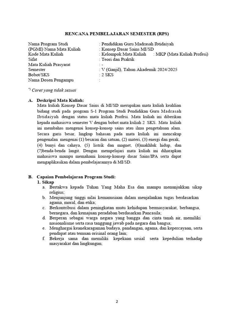 RPS Konsep Dasar Sains Ok Pgmi | PDF | Karier & Perkembangan | Seni