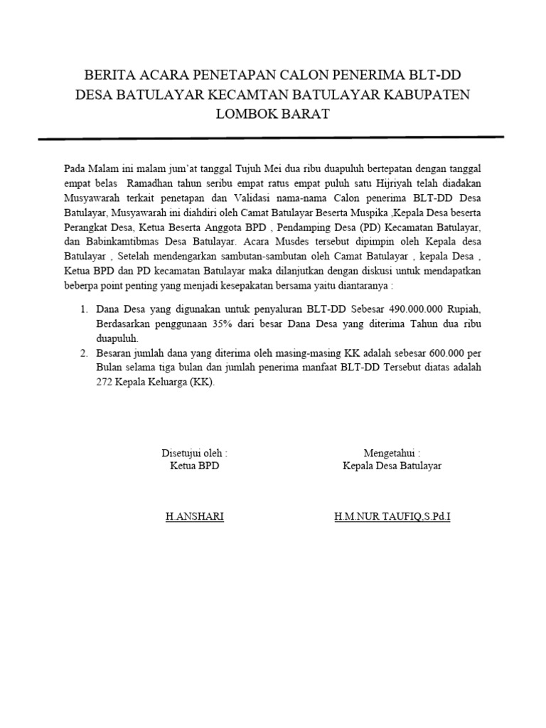 BERITA ACARA PENETAPAN CALON PENERIMA BLT | PDF