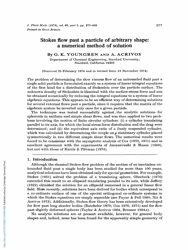 Youngren_Acrivos_1975_Stokes Flow Past a Particle of Arbitrary Shape | PDF | Equations | Fluid ...