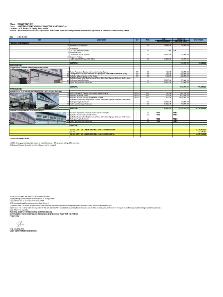 Waterproofing Proposal for Converge Warehouse | PDF