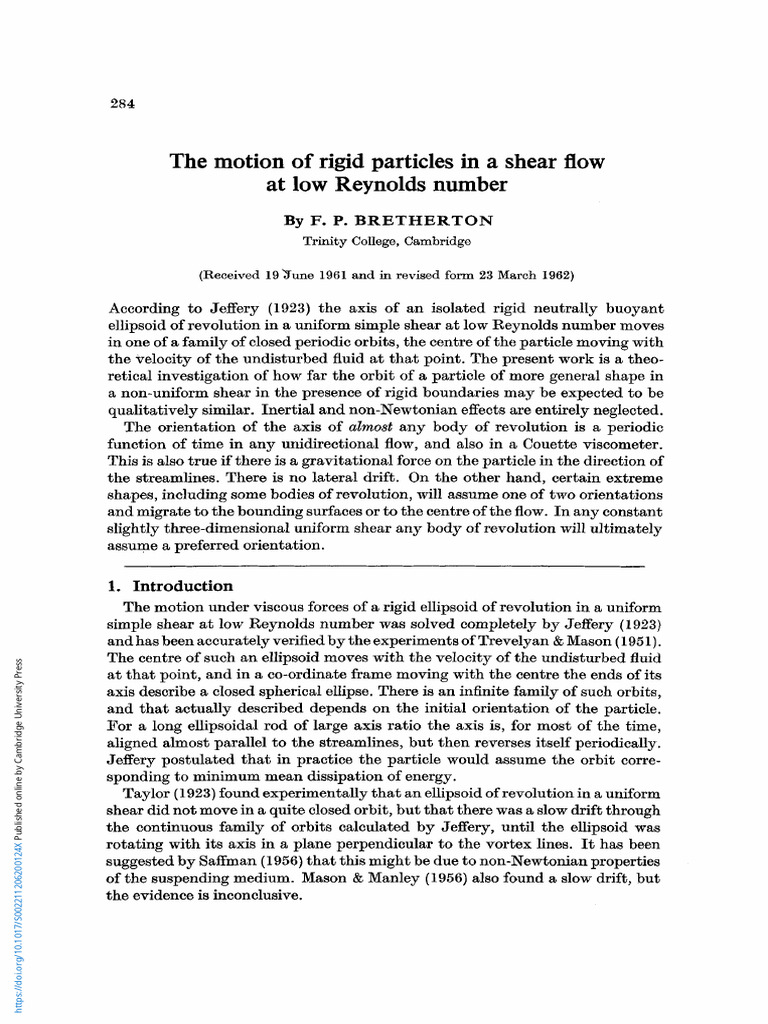 Bretherton - 1962 - The Motion of Rigid Particles in A Shear Flow at ...