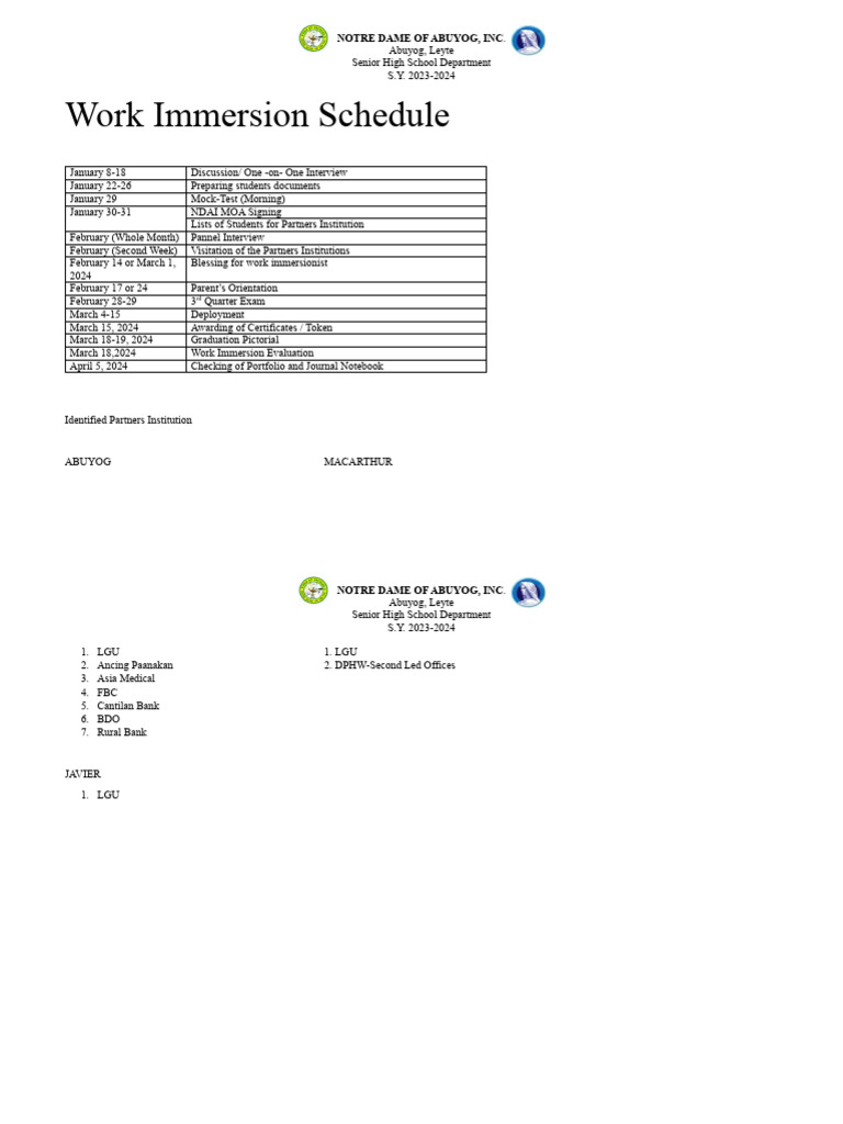 Work-Immersion-Schedule (2) | PDF