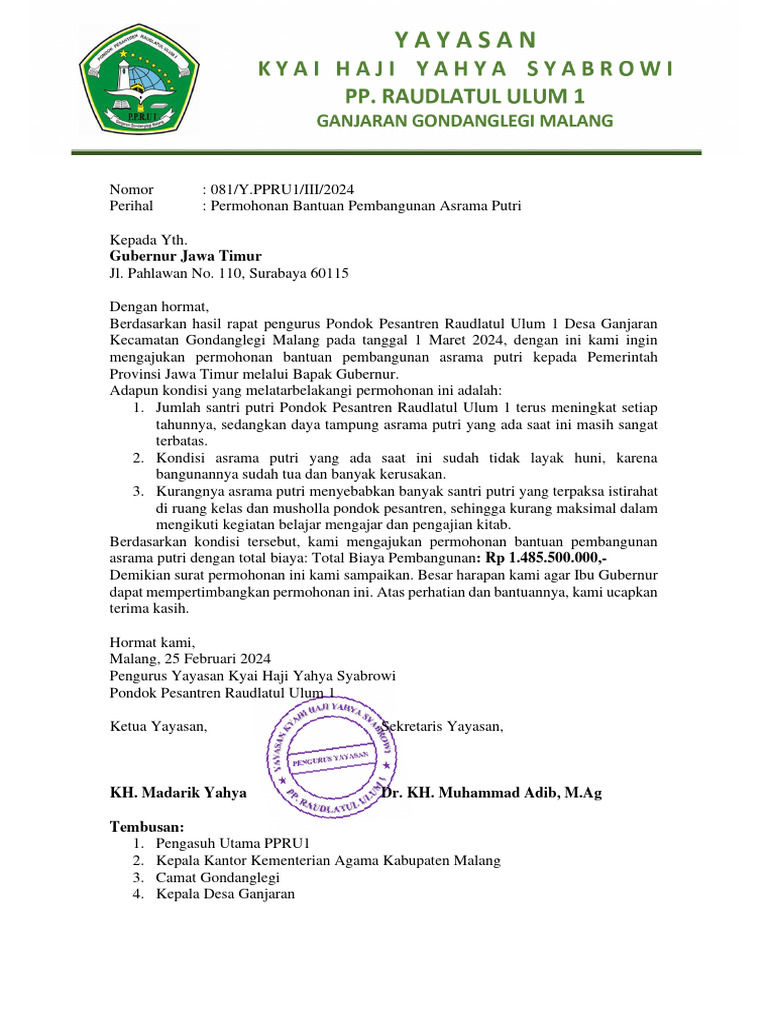 Surat Permohonan Bantuan Pembangunan Asrama Putri Pondok Pesantren | PDF
