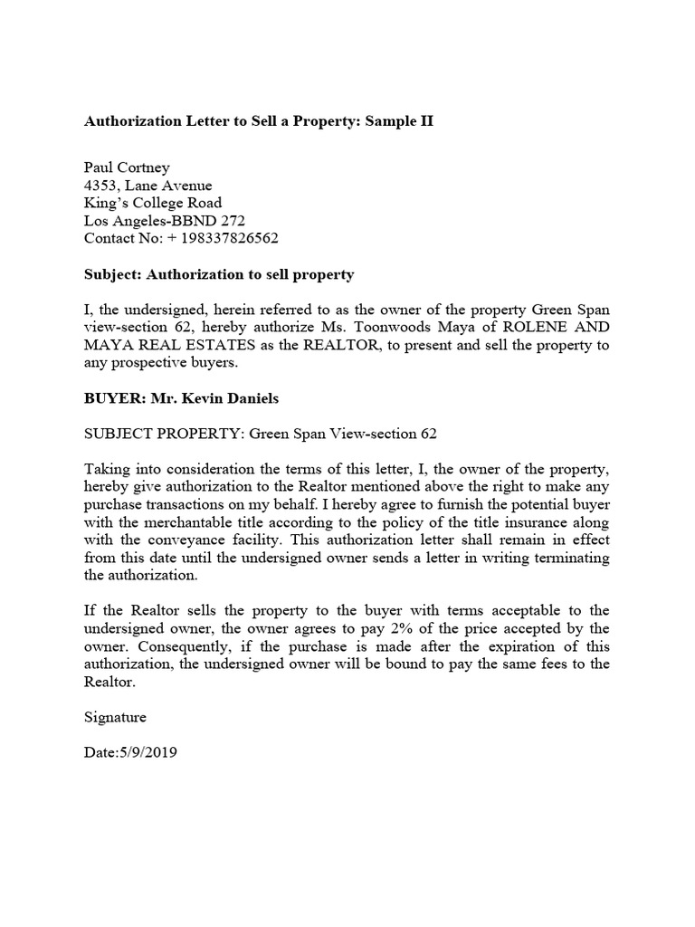Authorization to Sell Property Sample | PDF