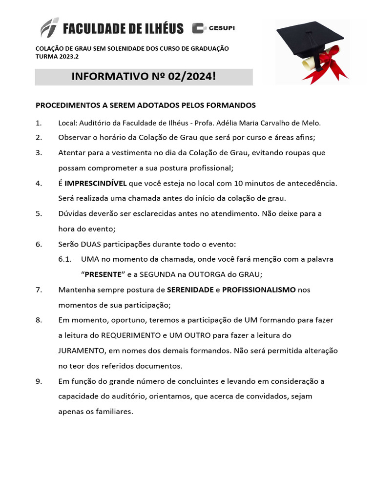 Informativo 02 - Colação de Grau Sem Solenidade 07 - 03 - 24 | PDF ... Informativo 02 - Colação de Grau Sem Solenidade 07 - 03 - 24 | PDF ...