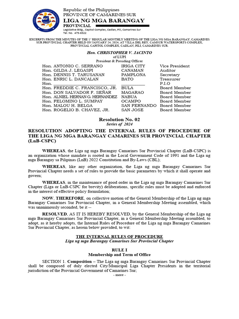 Res No 2024-02 (LNBCSPC Adopting Internal Rules of Procedure) | PDF Res No 2024-02 (LNBCSPC Adopting Internal Rules of Procedure) | PDF