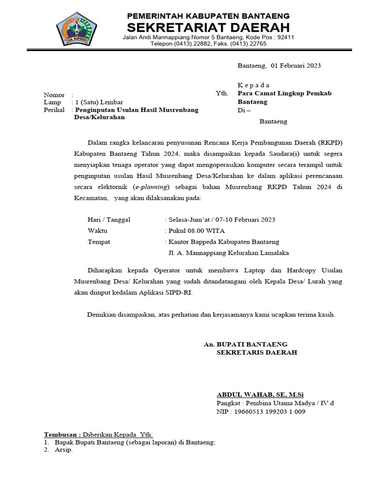 surat permintaan penginputan hasil musrenbang tahun 2024 kop setda | PDF surat permintaan penginputan hasil musrenbang tahun 2024 kop setda | PDF