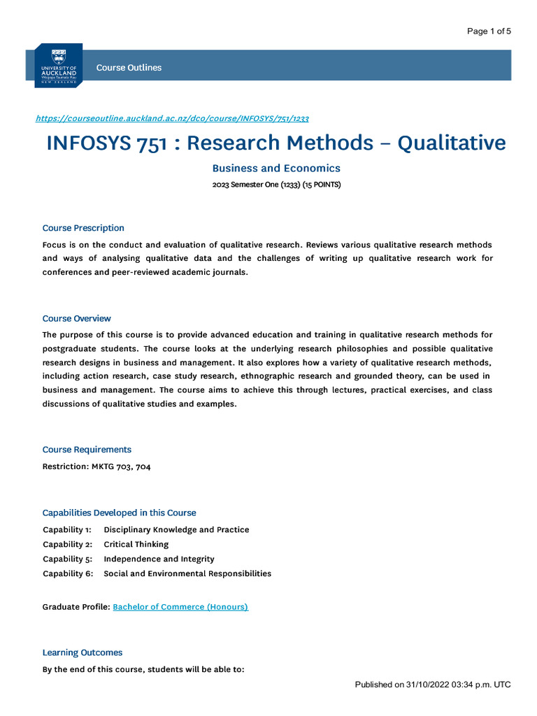 INFOSYS 751 - 2023 S1 Course Outline | PDF | Qualitative Research ...