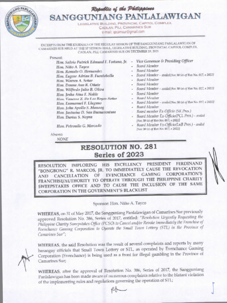 Res 281 S 2023 Cancel Revoke Franchise of Evenchance Gaming Corp | PDF