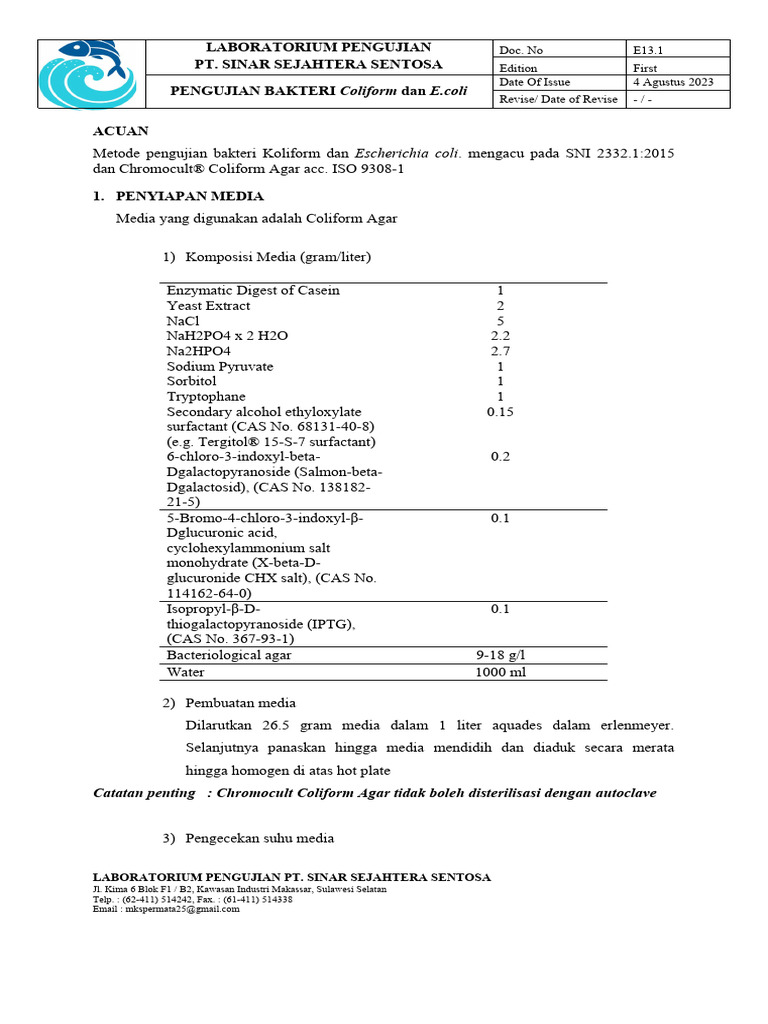 Metode Pengujian Bakteri Coliform | PDF