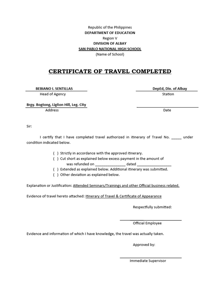 certificate of travel completed | PDF