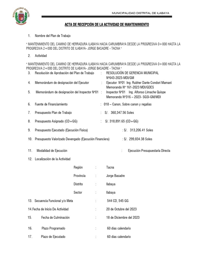 acta de recepcion final | PDF