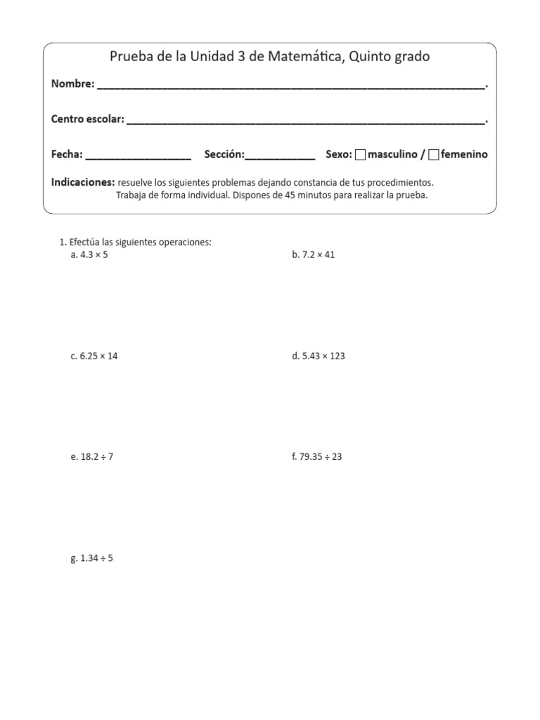 Prueba de La Unidad 3 de Matemática, Quinto Grado | PDF