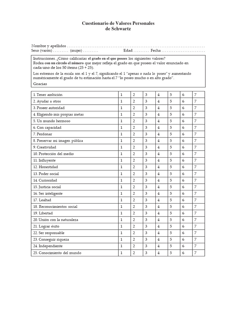 Cuestionario de Valores Schwartz | PDF