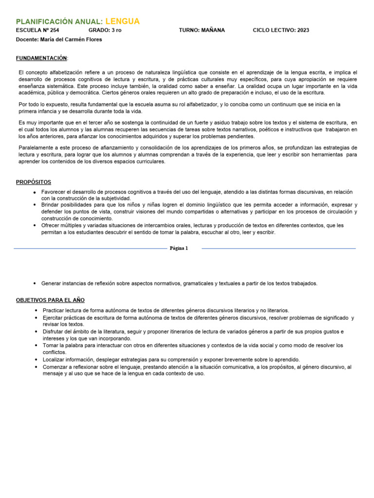 Planificación Anual de Lengua 3° Grado | PDF | Escritura | Aprendizaje