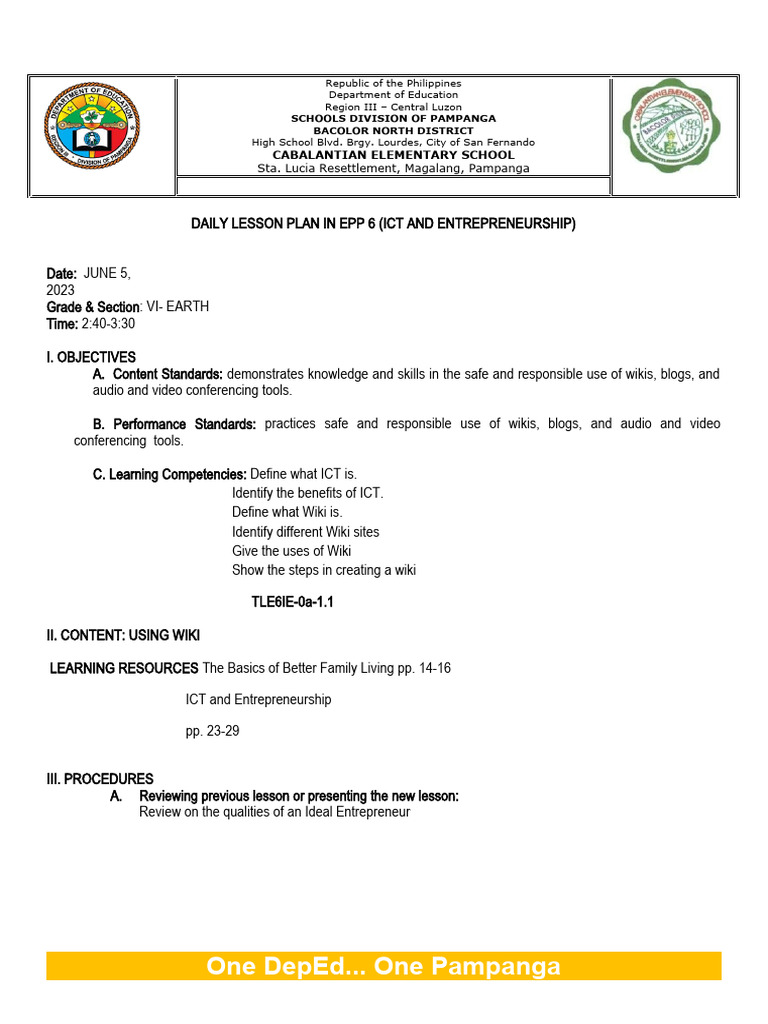 Daily Lesson Plan in Epp 6 | PDF