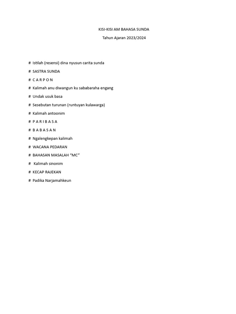Kisi-Kisi Am Basa Sunda 2023-2024 | PDF