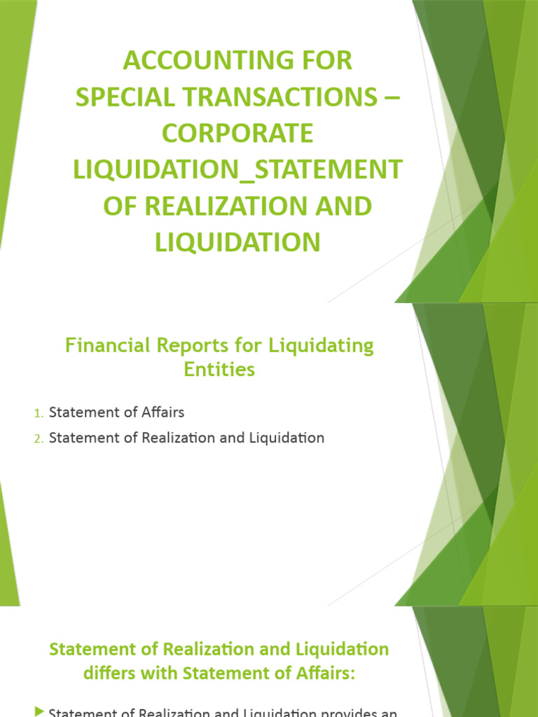 ACCOUNTING For SPECIAL TRANSACTIONS - Corporate Liquidation Statement of Realization and ...