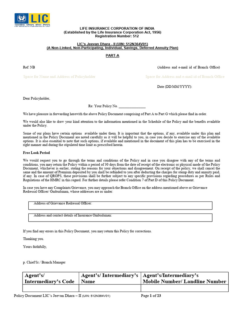 LIC Jeevan Dhara II Policy Document | PDF | Life Annuity | Insurance