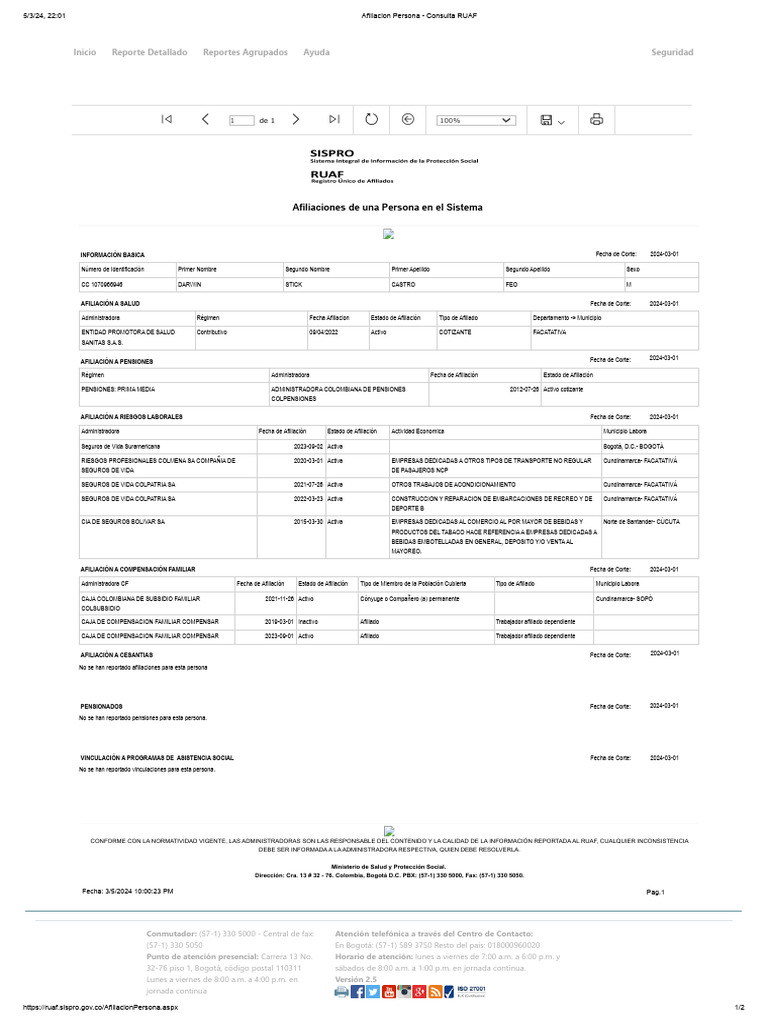 Afiliacion Persona - Consulta RUAF | PDF