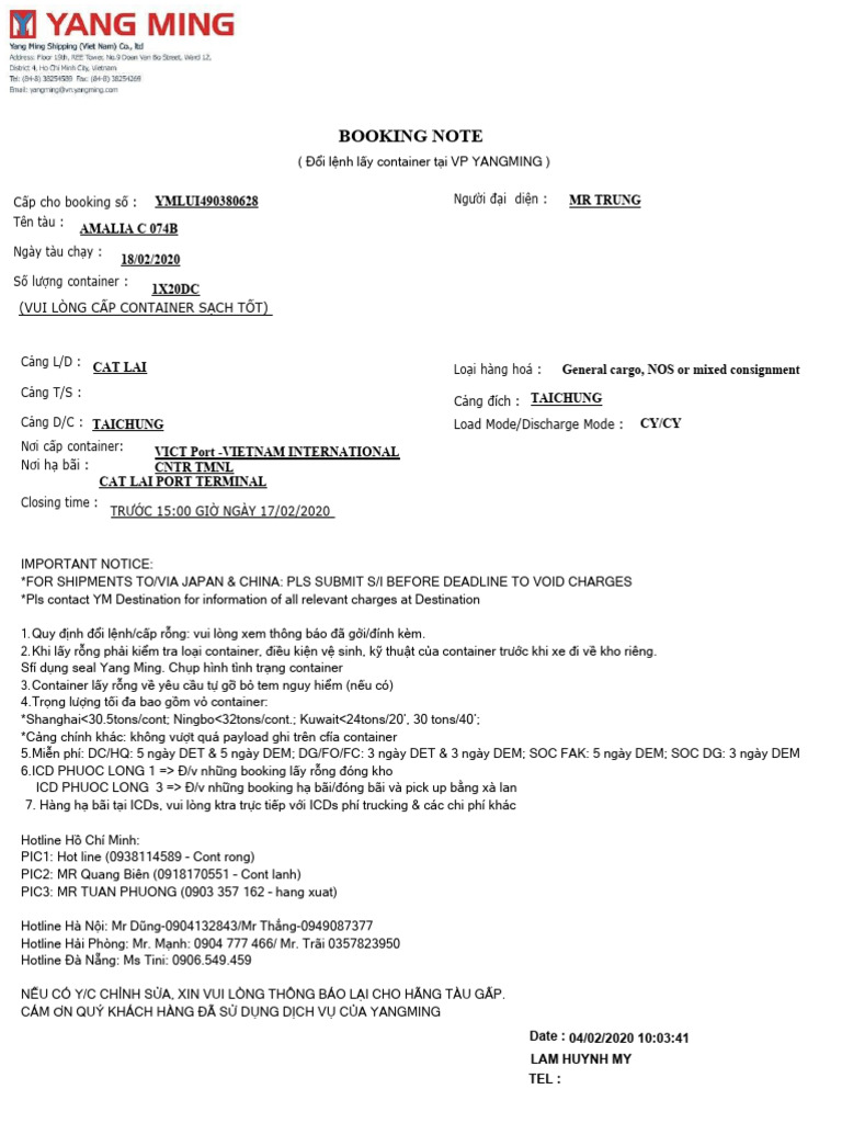 Booking Note: YMLUI490380628 MR Trung Amalia C 074B 18/02/2020 1X20DC | PDF