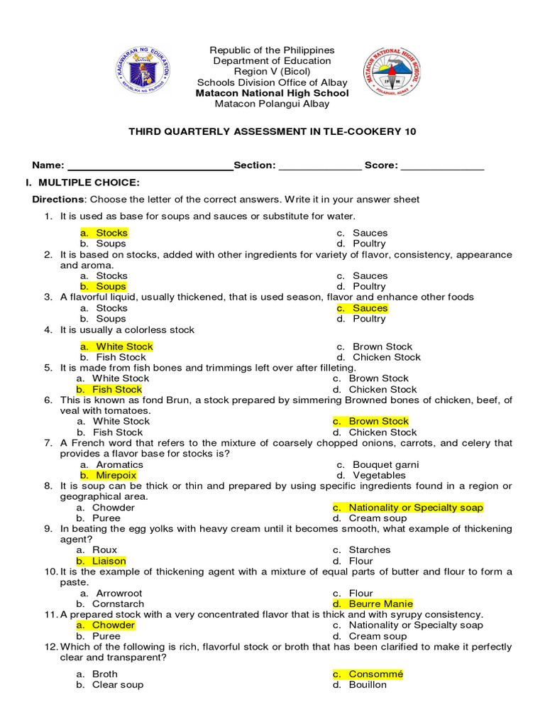 Periodical Test 3rd Quarter Copkery 10 | PDF | Stock (Food) | Soup