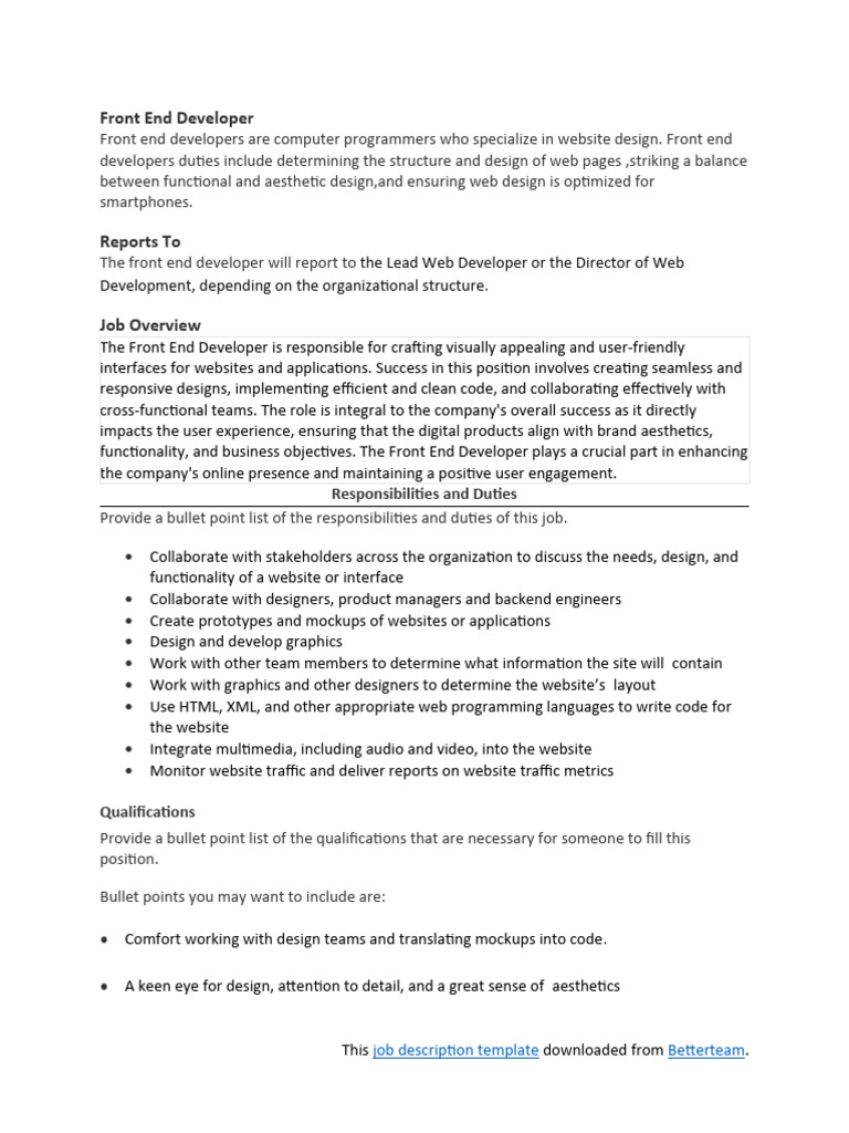 Job Description Front End Developer 015 | PDF | Websites | Web Design