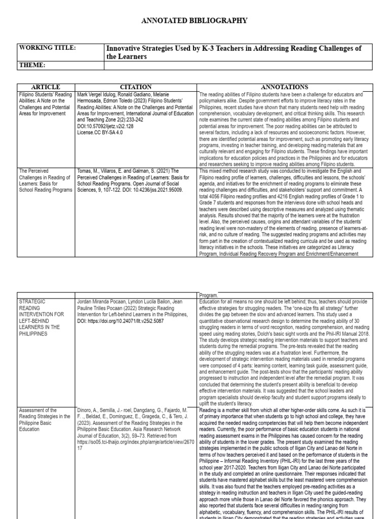 Annotated-Bibliography Innovative Strategies Used by K-3 Teachers in ...