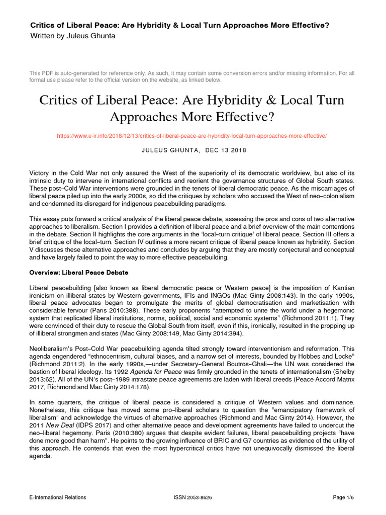 Critics of Liberal Peace Are Hybridity Local Turn Approaches More ...