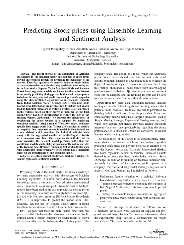 Predicting Stock Prices Using Ensemble Learning and Sentiment Analysis | PDF