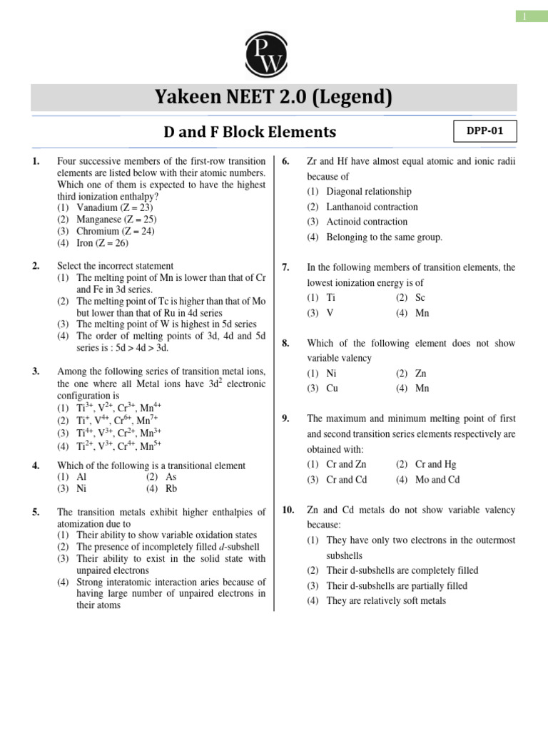 D and F Block Elements _ DPP 01 (of Lec-02) __ Yakeen 2.0 2024 (Legend) | PDF | Transition ...