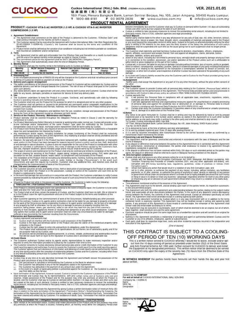 AC Rental Agreement-CUCKOO VITA-S AC INVERTER (1.5 HP) | PDF ...