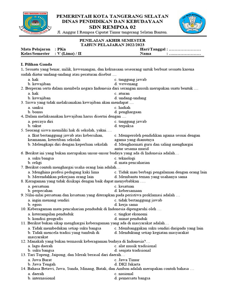 SOAL PAT PKN 2022 - 2023 | PDF