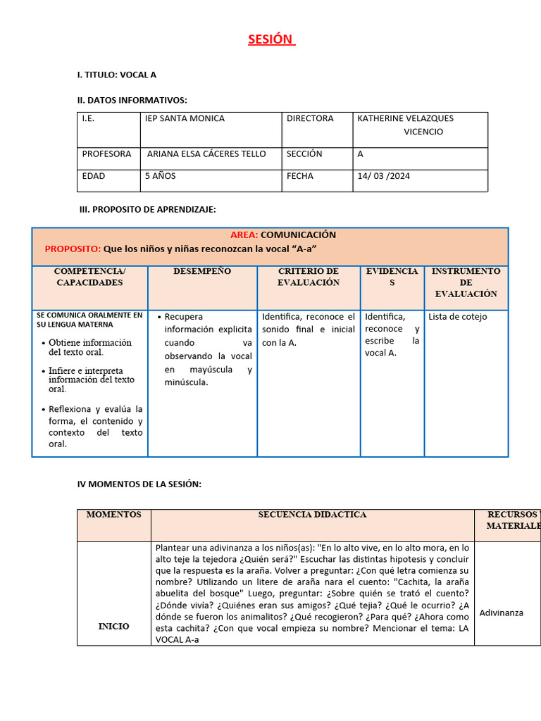 C. Sesion de Clase Vocal A - 5 Años | Descargar gratis PDF | Cognición ...