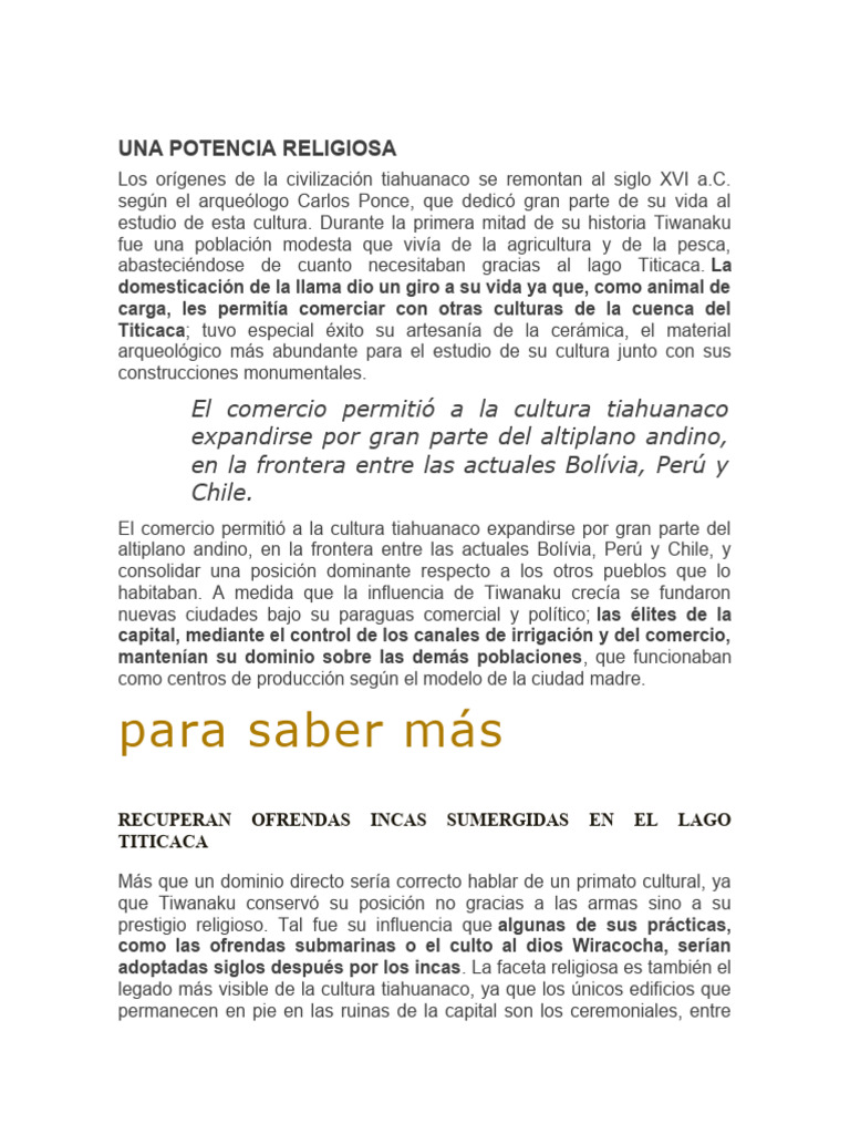 Tiwanaku: Poder Religioso y Cultural | PDF | Imperio Inca | Perú