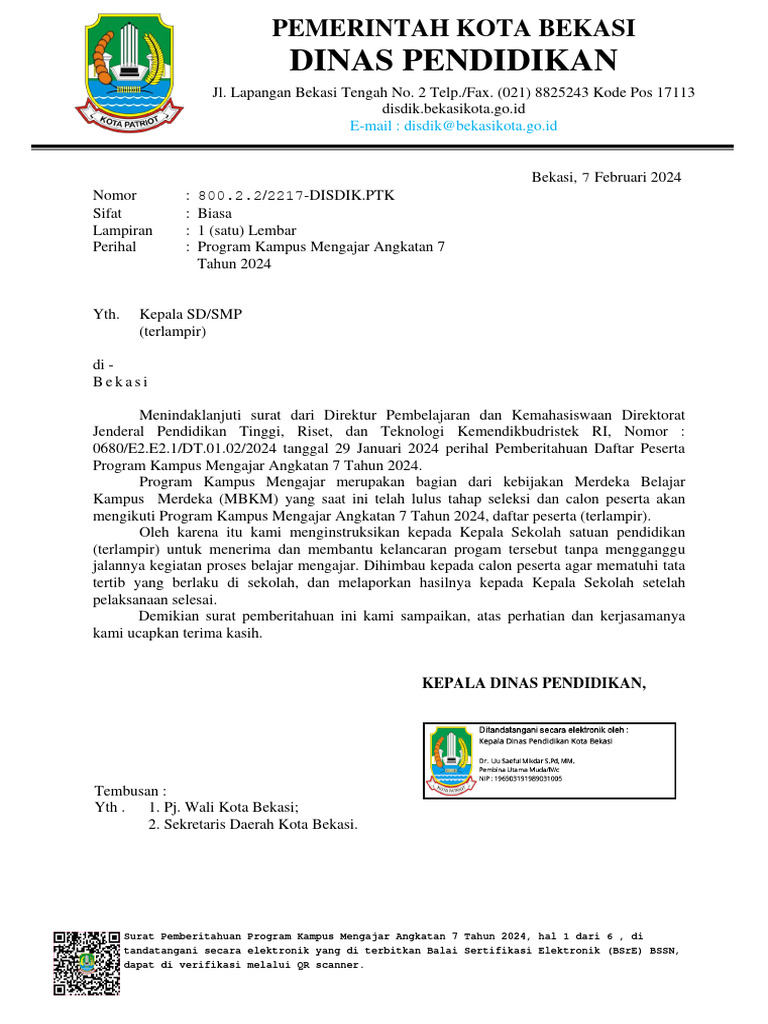 Surat Pemberitahuan Program Kampus Mengajar Angkatan 7 Tahun 2024 | PDF