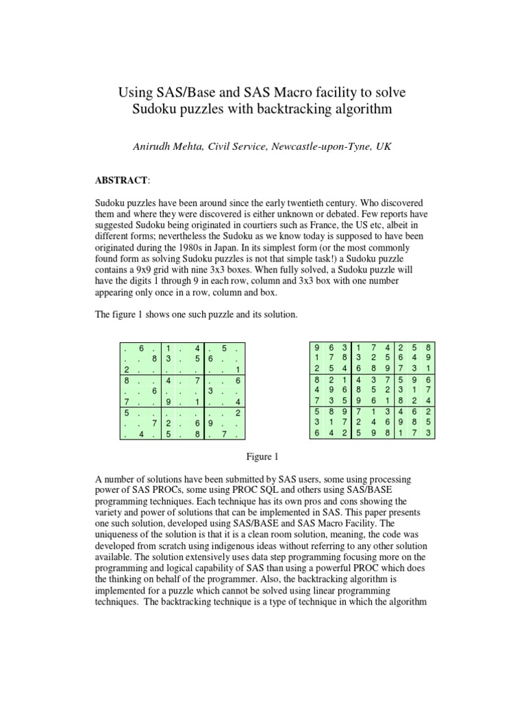 Using SAS/Base and SAS Macro Facility To Solve Sudoku Puzzles With Backtracking Algorithm | PDF ...